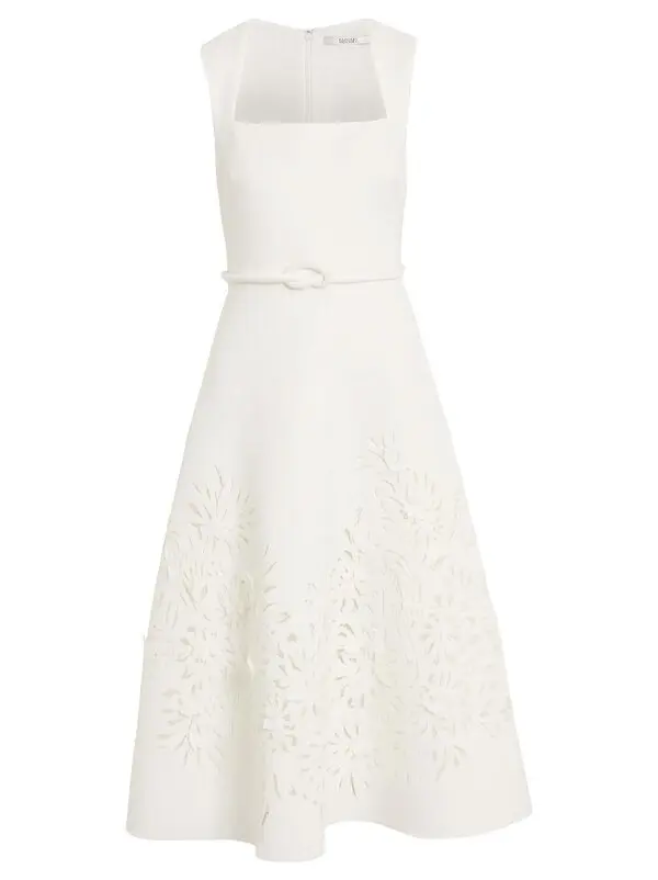 Badgley Mischka Scuba Midi Dress With Laser-cut Floral Appliqués - White