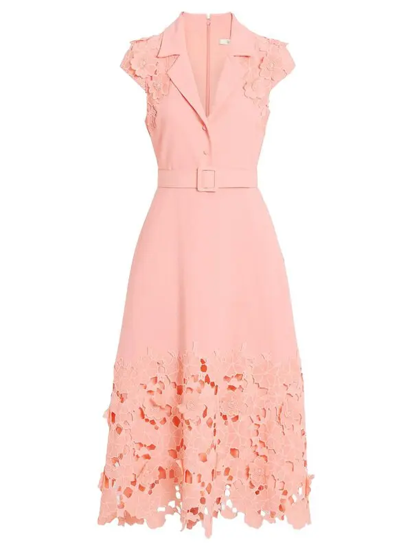 Badgley Mischka Belted Guipure Lace And Crepe Midi Dress - Peach