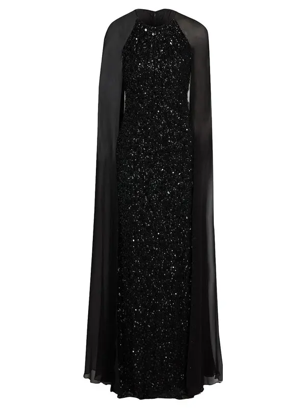 Jenny Packham Embellished Cape-effect Crepe And Chiffon Gown - Black