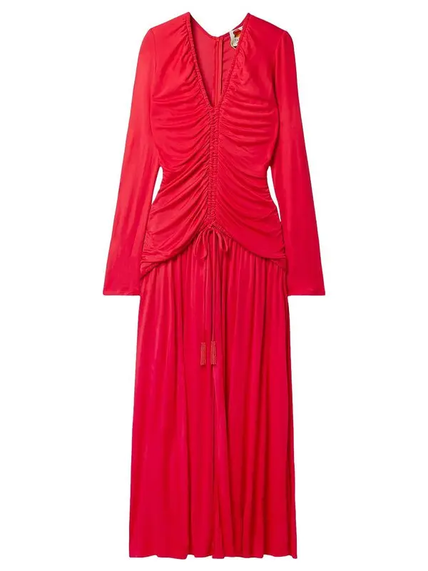 Farm Rio Gathered Stretch-jersey Midi Dress With Tasseled Ties - Red