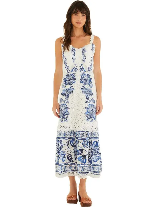 Farm Rio Off-white Beautiful Nature Eyelet Midi Dress - Beautiful Nature Off-white