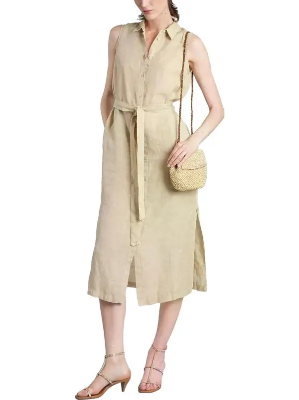 120% Lino Belted Sleeveless Midi Dress - Neutrals