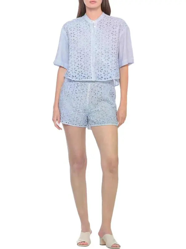120% Lino Embroidered Linen Shorts - Blue