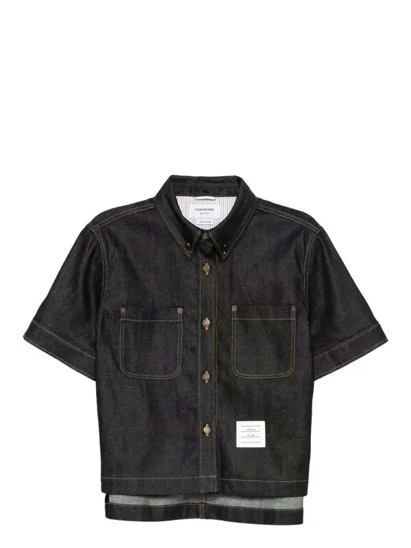 Thom Browne Logo-patched Short-sleeved Shirt - Blue