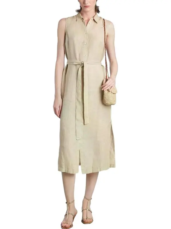 120% Lino Belted Sleeveless Midi Dress - Neutrals
