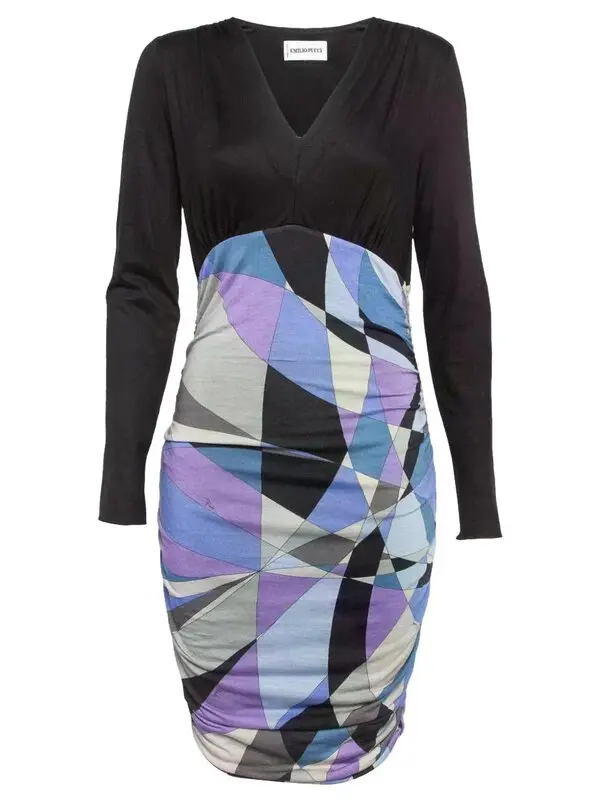 Emilio Pucci Geometric Print V-neck Long Sleeve Dress - Black