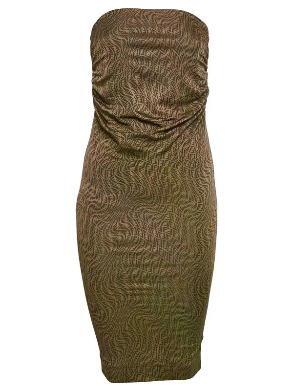 Fendi Ruched Monogram Strapless Dress - Brown