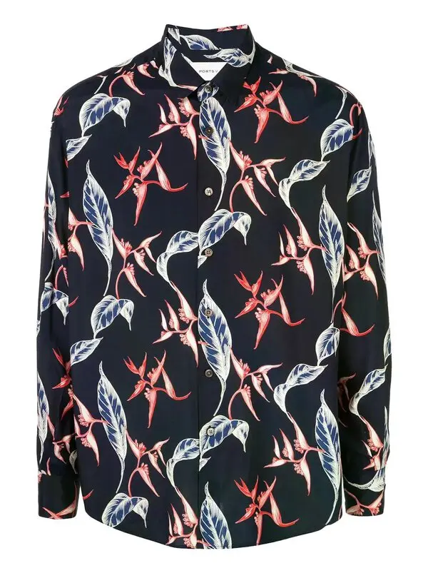 PORTS V Botanical Print Button-up Shirt - Blue