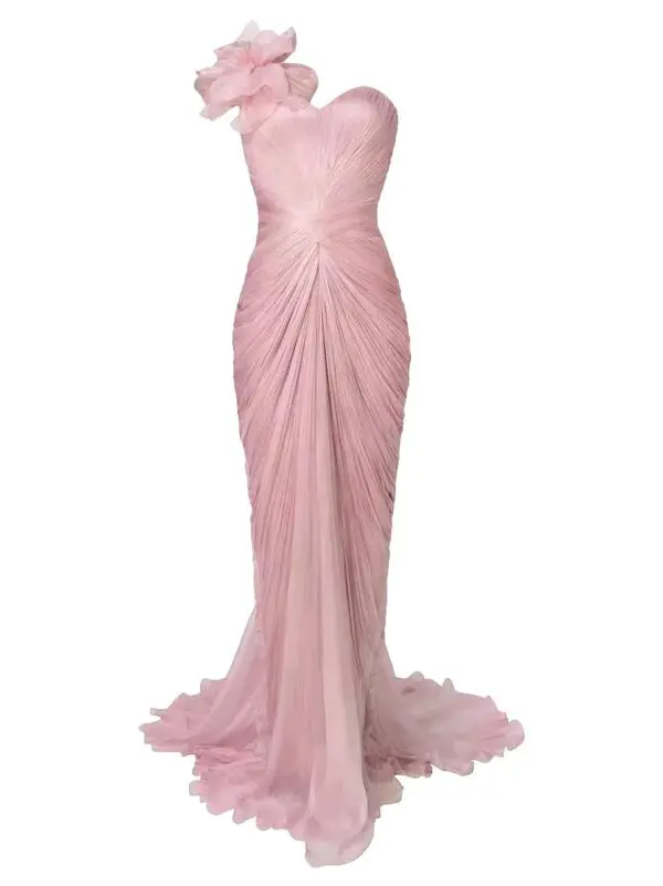 IRIS SERBAN Elisabeth Ruched Maxi Dress With Flower Detail - Pink