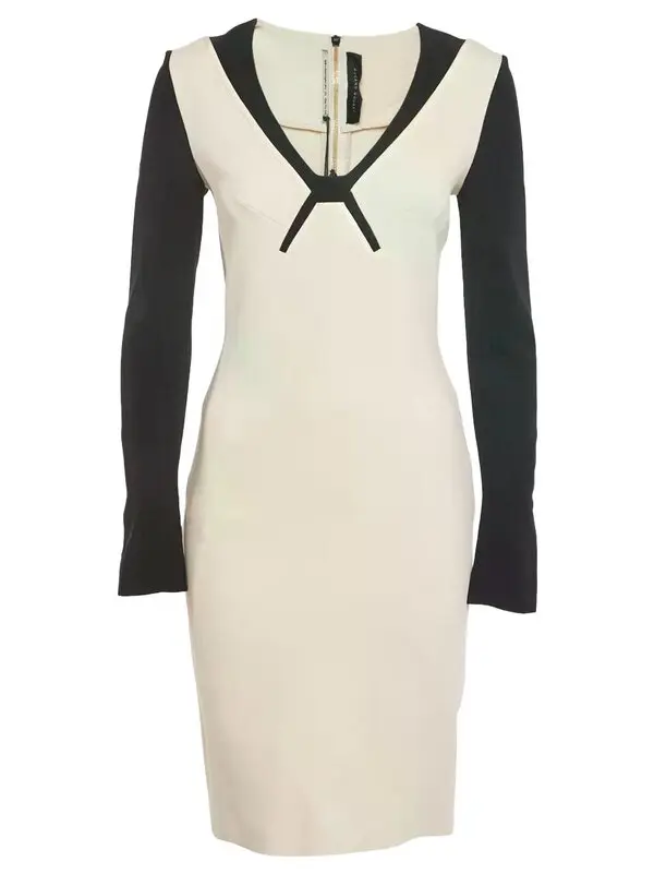 Roland Mouret Cream Crepe Dress With Black Paneled Sleeves And Bow Detail - Neutrals