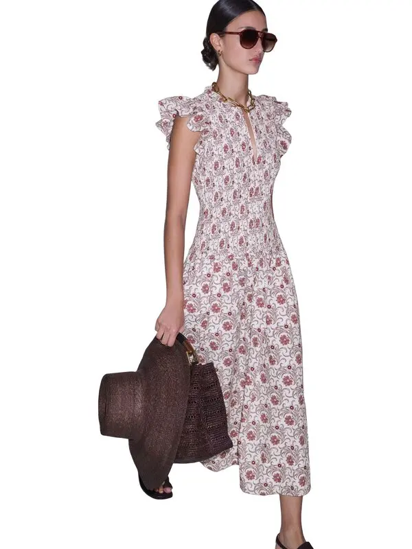 ME+EM Floral Print Shirred Midi Dress - Cream Multi