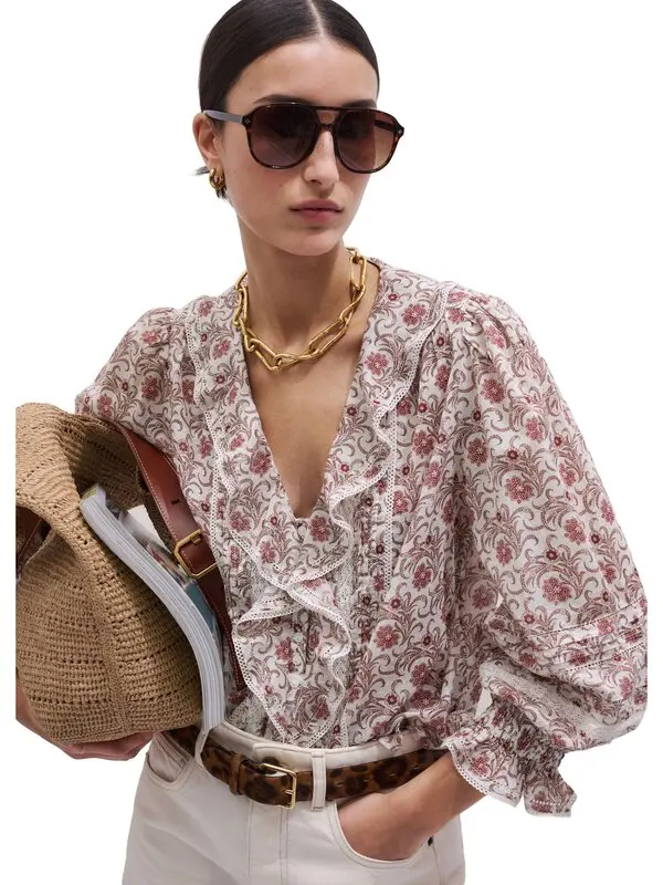 ME+EM Cotton Printed Ruffle Blouse - Light Cream/multi