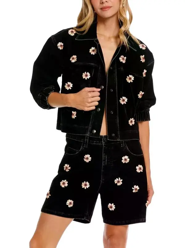 Agua Bendita Dahlia Flower-embellished Denim Shorts - Black