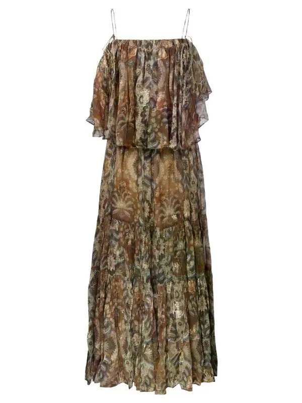 INTO THE EAST Tiered Maxi Dress With Ruffled Overlay - Brown