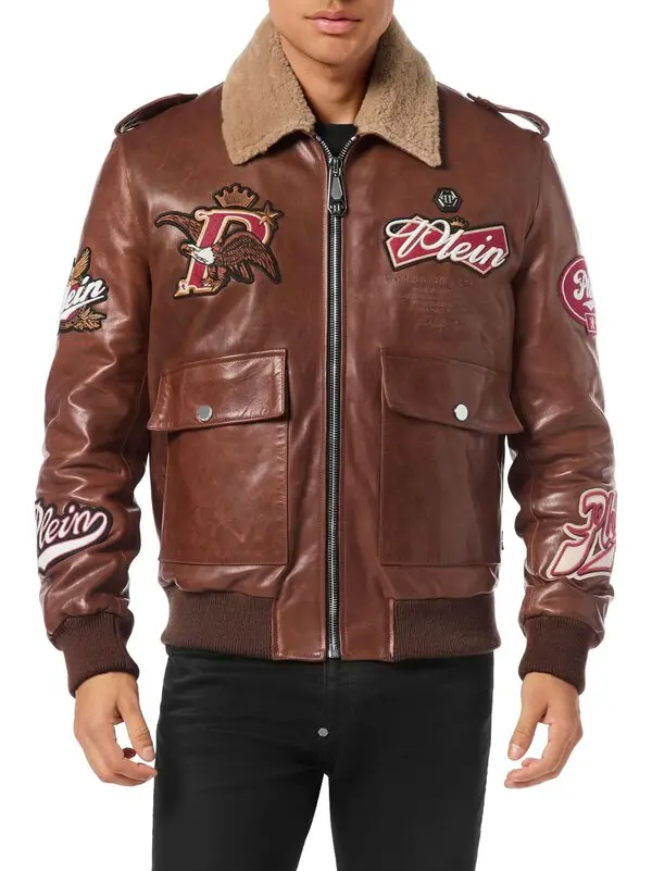 Philipp Plein Leather Bomber Jacket - Brown