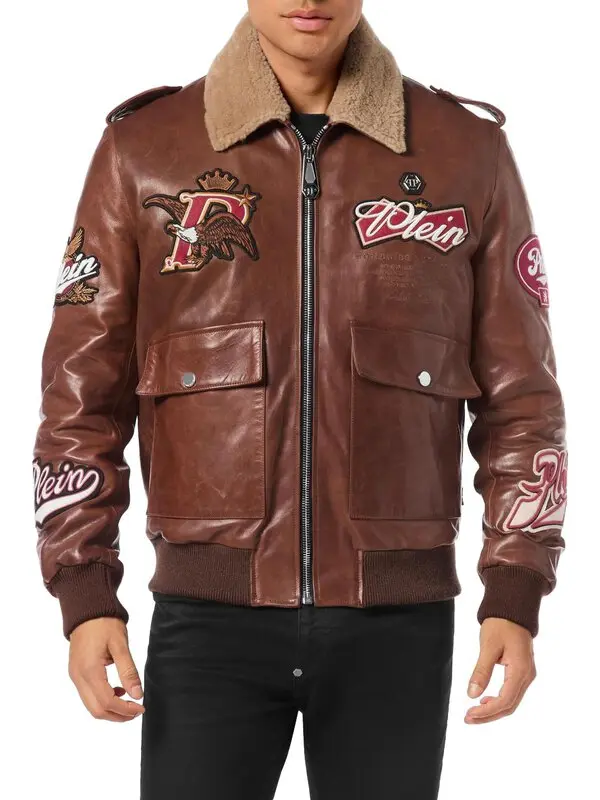 Philipp Plein Leather Aviator Bomber Jacket With Logo Patch And Shearling Collar - Brown