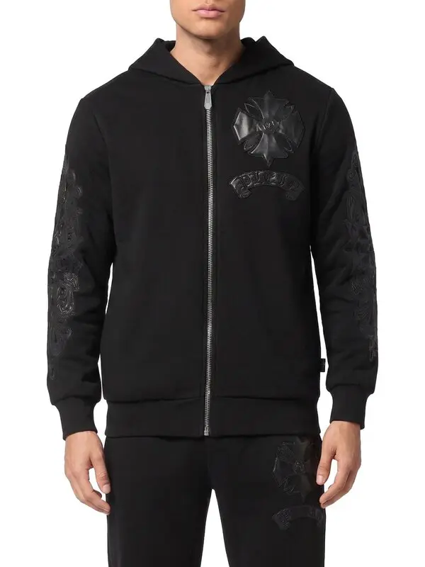 Philipp Plein Cotton Hoodie With Leather Logo - Black
