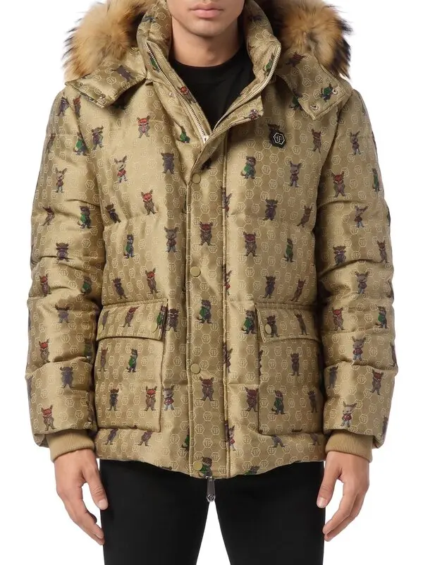 Philipp Plein Down Jacket With All-over Print - Beige