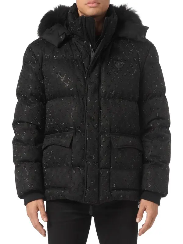 Philipp Plein Embellished Puffer Jacket With Fur Hood - Black