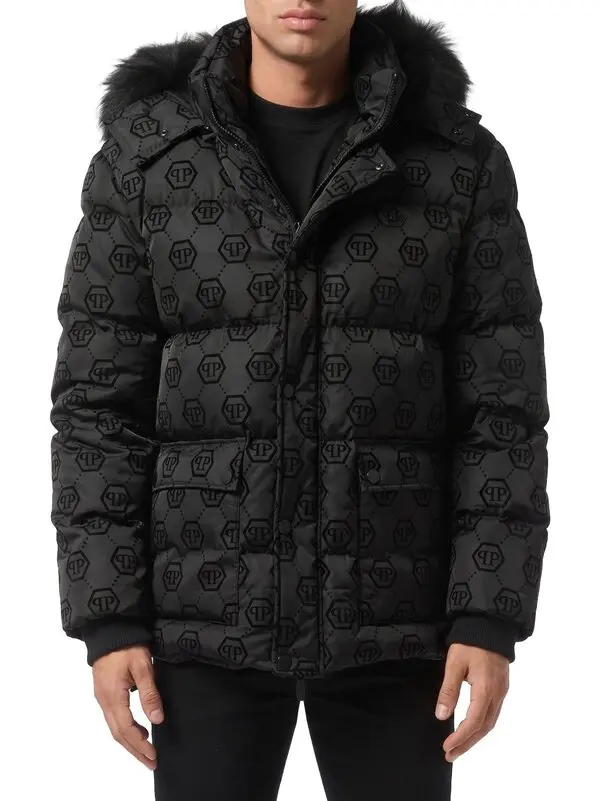 Philipp Plein Puffer Jacket With All-over Monogram And Fur Hood - Black