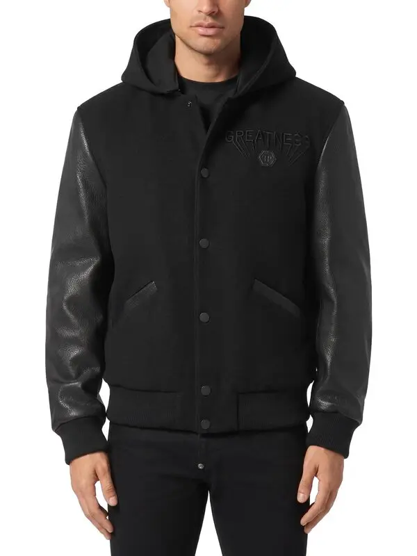 Philipp Plein Hooded Bomber Jacket With Leather Sleeves - Black