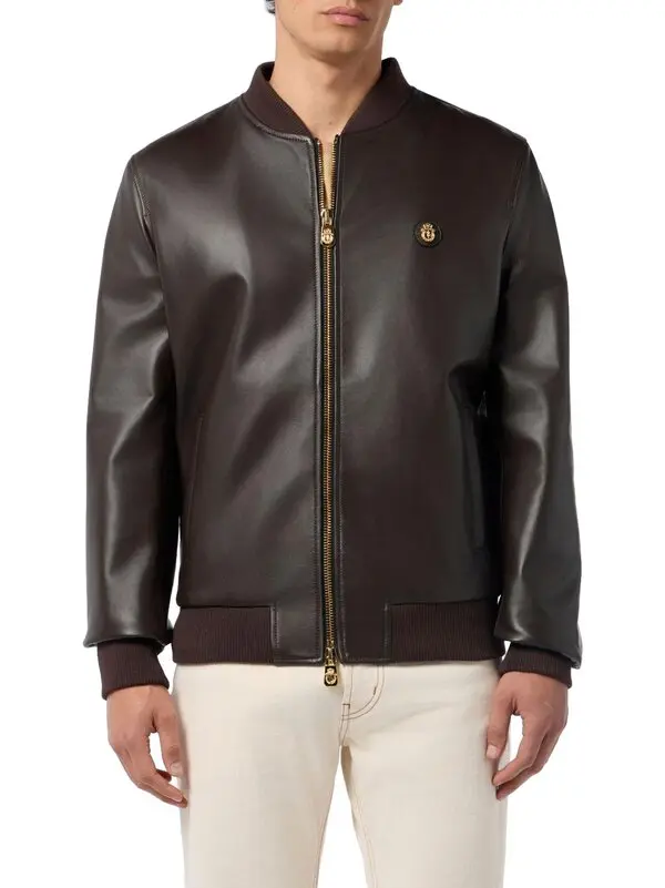 BILLIONAIRE Leather Bomber Jacket - Brown