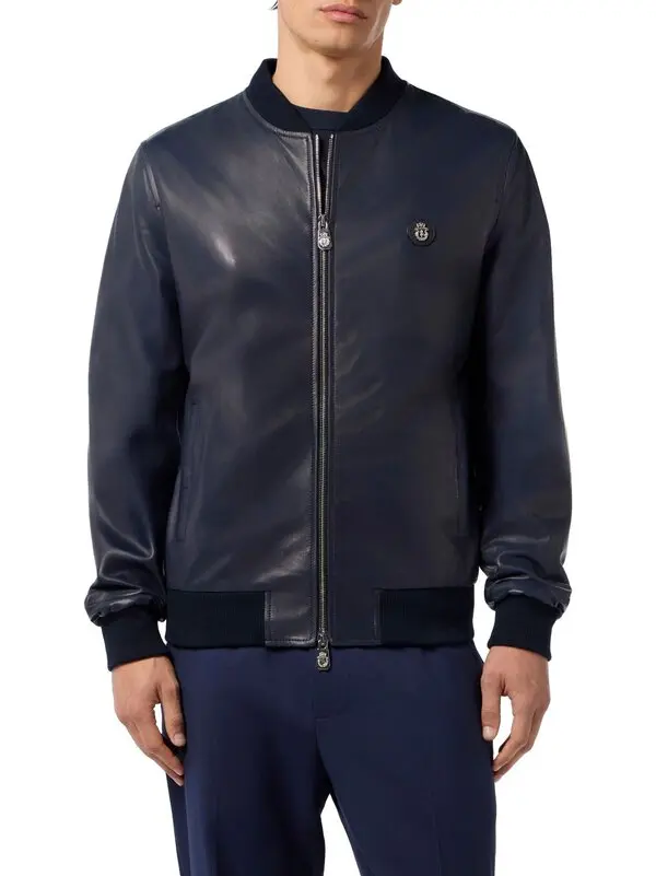 BILLIONAIRE Leather Bomber Jacket - Navy
