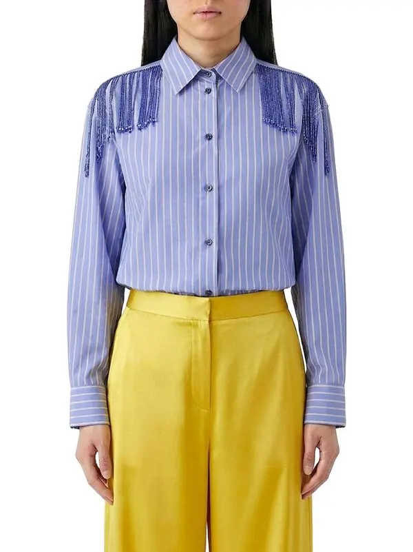 Andamane Striped Cotton Shirt With Embellished Fringes - Gnawed Blue