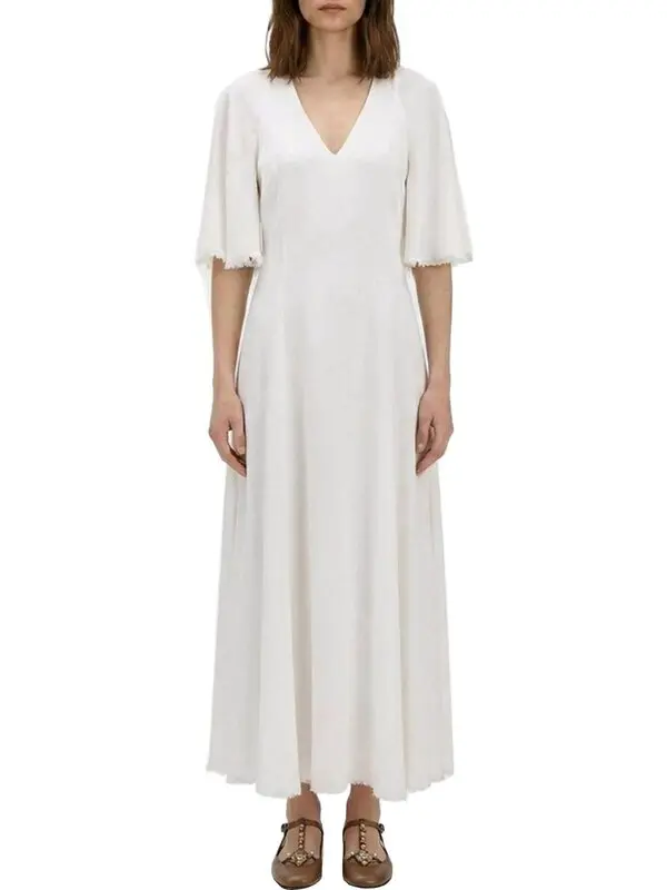Gabriela Hearst V-neck Flutter Sleeve Midi Dress - White