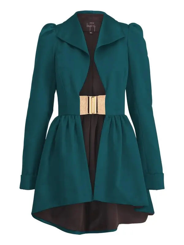 LAYO G Flared Collar Jacket Dress With Gold Buckle - Green/blue