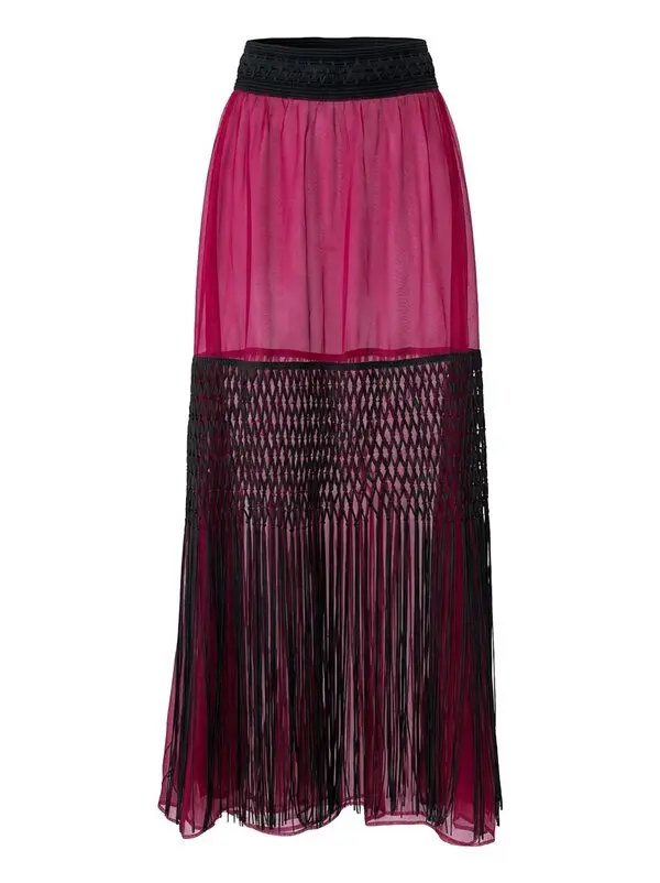 L2R THE LABEL Embellished Sheer Organza Skirt With Fringe - Red