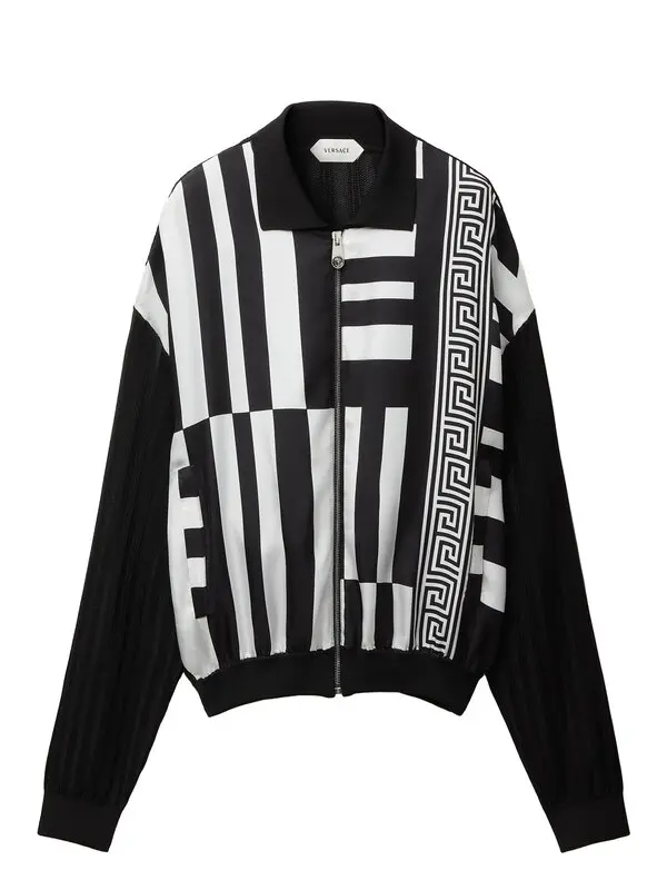 Versace Printed Silk Inserts Knit Zip Cardigan - Black