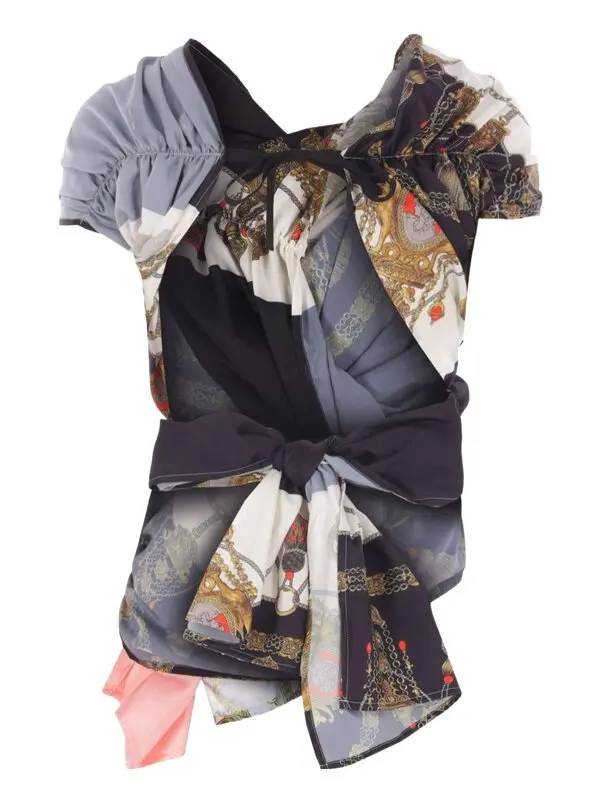 Comme Des Garçons Printed V-neck Shirt With Knot Detailing - Black
