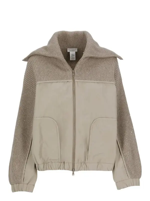 Brunello Cucinelli Spread Collar Knit-panelled Jacket - Light Brown