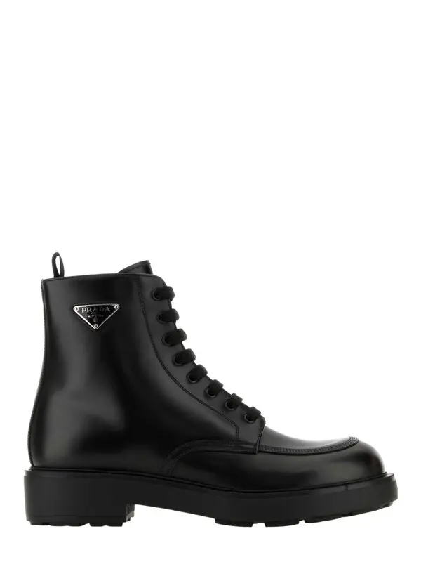 Prada Lace Up Logo Plaque Boots - Black