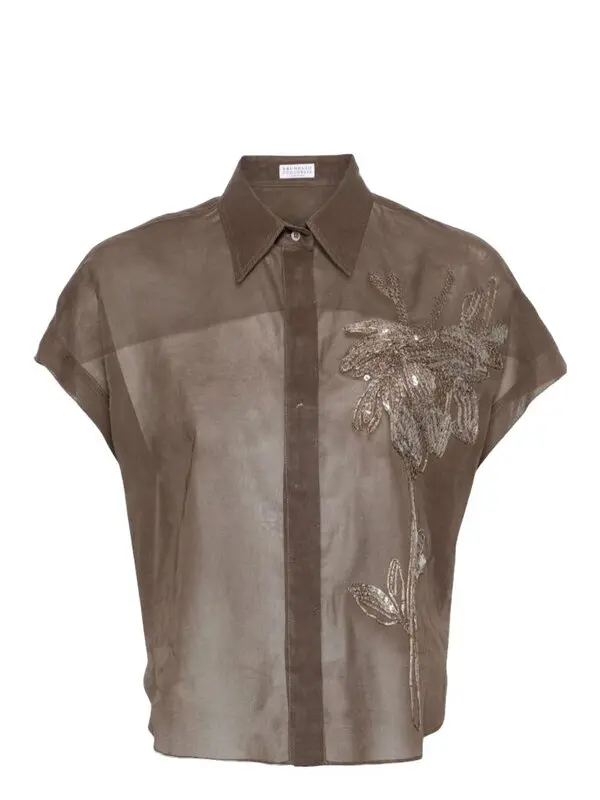 Brunello Cucinelli Semi-sheer Motif-embroidered Shirt - Brown