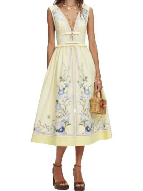 SELF-PORTRAIT Sleeveless Floral Print V-neck Midi Dress - Yellow