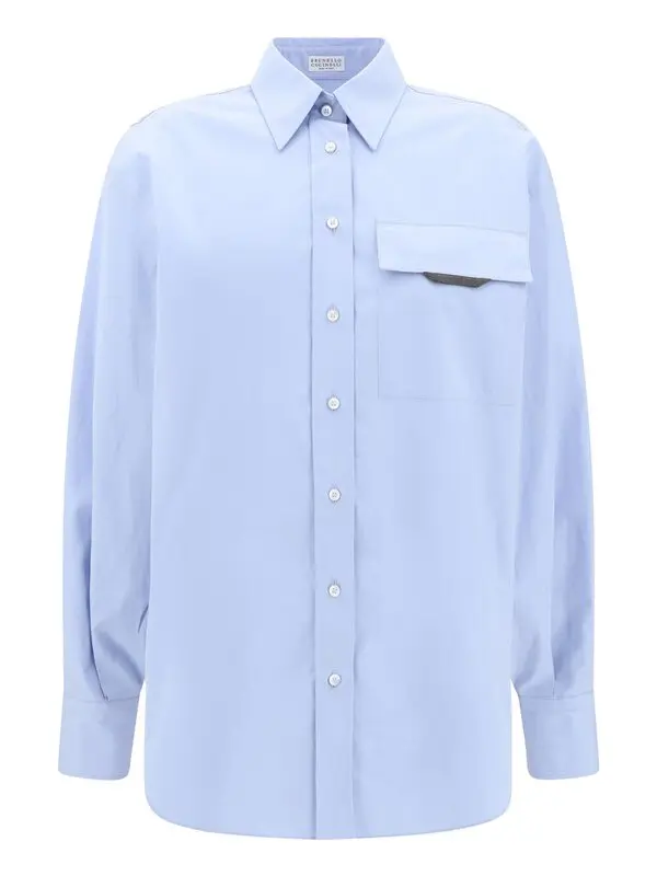 Brunello Cucinelli Long Sleeve Jewel-embellished Pocket Shirt - Blue