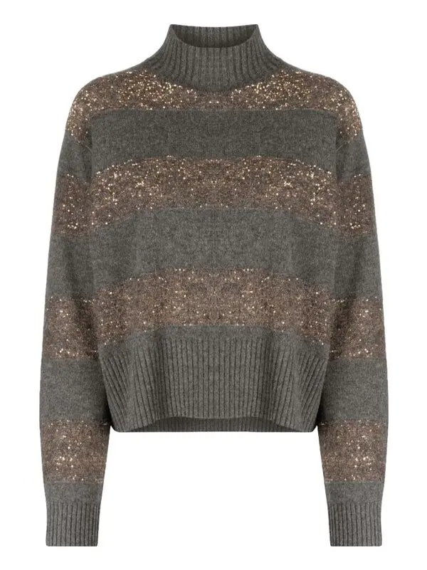 Brunello Cucinelli Sequin Embellished Striped High Neck Jumper - Black