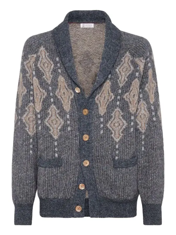 Brunello Cucinelli Geometric Jacquard Shawl Collar Cardigan - Blue