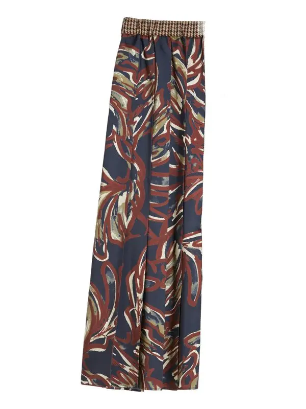 Max Mara Houndstooth Wool Pleated Skirt With Printed Twill Details - Brown