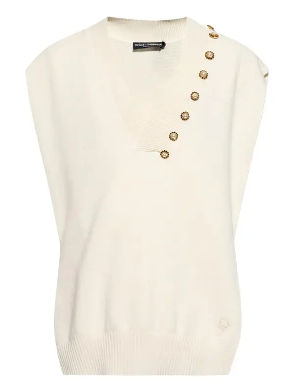 Dolce & Gabbana V-neck Knitted Vest With Embellished Buttons - Cream