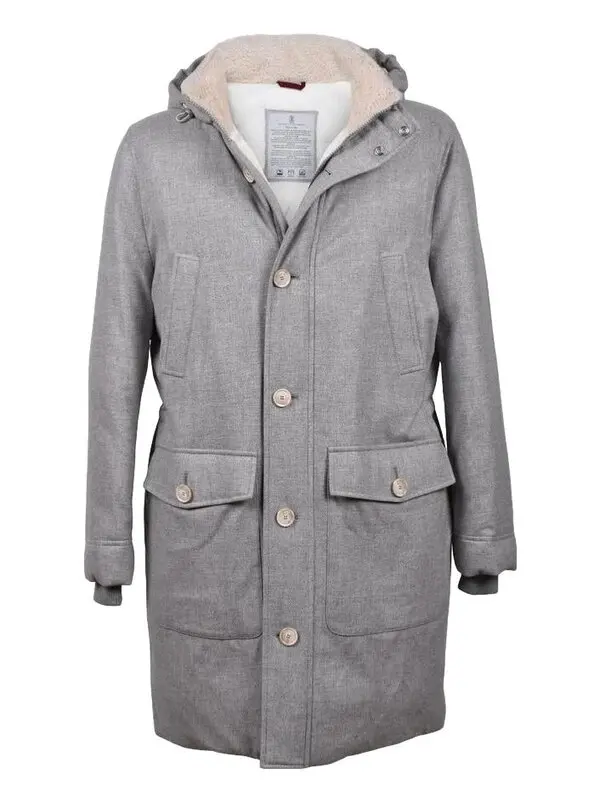Brunello Cucinelli Hooded Buttoned Jacket With Concealed Zip Fastening - Gray