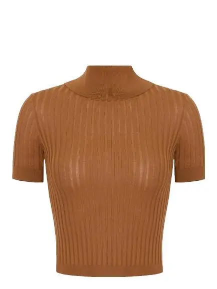 Elisabetta Franchi Ribbed Roll-neck Top With Button Detail - Leather