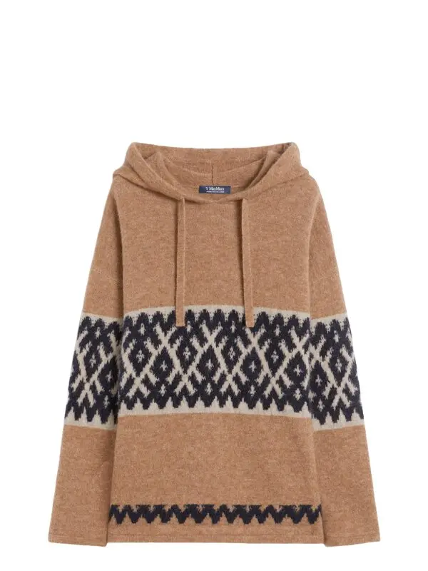 Max Mara Knitted Drawstring Hoodie With Geometric Jacquard Detailing - Camel