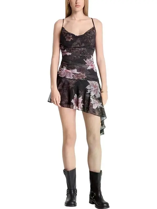 ALLSAINTS Floral Asymmetric Ruched Dress - Black