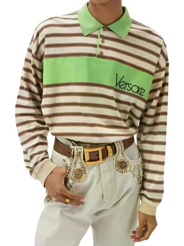 Versace Embroidered-logo Striped-intarsia Cotton Polo Shirt - Neutrals