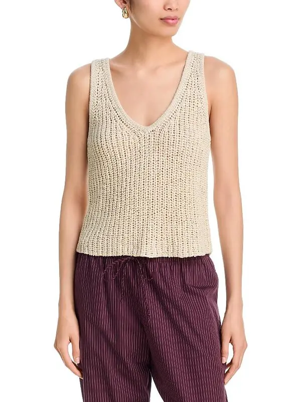 Aqua Tape Yarn V-neck Knit Tank - Tan
