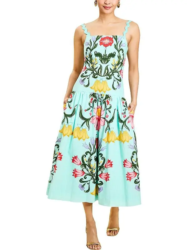 Mestiza New York Kinsley Printed Midi Dress With Scalloped Straps - San Juan Garden