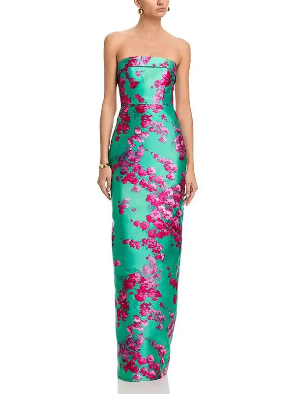 Theia Strapless Floral Column Gown - Seafoam Sakura Mist